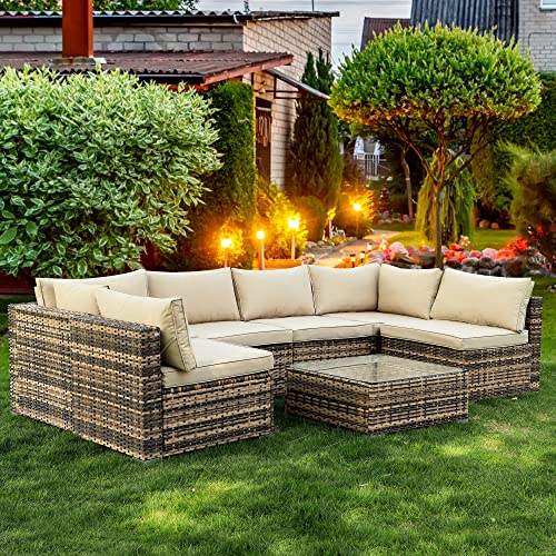 LEISU 7 Pieces Outdoor Sectional Furniture Set All-Weather Patio Sectional Sofa 7-Piece Conversation Set with Cushions (7 Pieces)