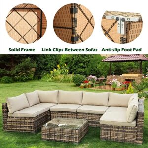 LEISU 7 Pieces Outdoor Sectional Furniture Set All-Weather Patio Sectional Sofa 7-Piece Conversation Set with Cushions (7 Pieces)