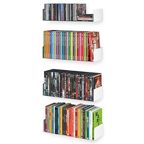 Wallniture Bali White Bookshelf and CD DVD Storage Shelf Set of 4, Metal Floating Book Shelves for Wall