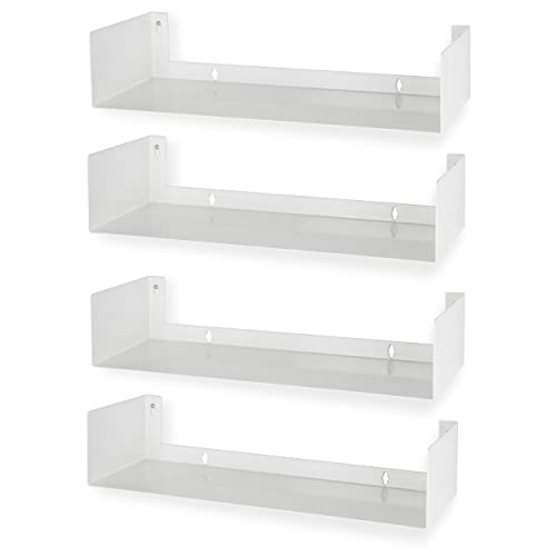 Wallniture Bali White Bookshelf and CD DVD Storage Shelf Set of 4, Metal Floating Book Shelves for Wall