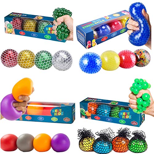 Sensory Ball Major Bundle! 16 Balls for the Whole Party - 4 Sewn Mesh Balls, 4 Jumbo Water Bead Balls, 4 Pull and Stretch Balls, and 4 Light Up Mesh Balls - Get Rid of your Anxiety and Stress Today!