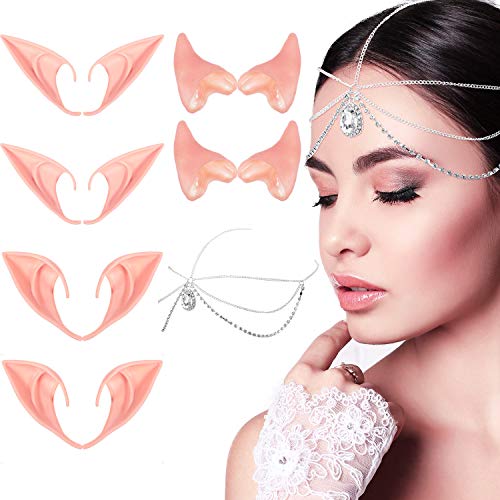 13 Pieces Elf Ears and Rhinestone Headpiece Accessories with Fairy Ears Vampire Ears Soft Pointed Goblin Ears Latex Fairy Pixie Elf Cosplay Ears for Cosplay Halloween Christmas Themed Party