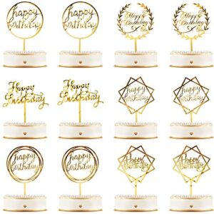 12 pieces acrylic happy birthday cake topper glitter birthday cupcake topper pick decorations for birthday party cake desserts pastries, 6 styles (gold)