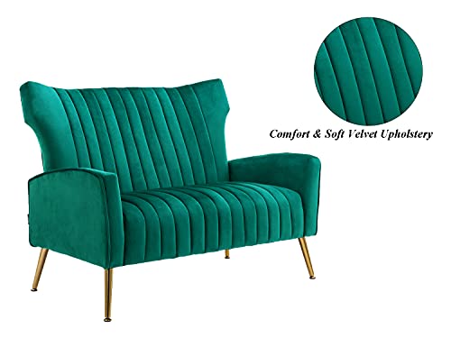 Altrobene Velvet Couch Modern Wingback Loveseat Tufted Luxury Sofa with Gold Legs for Living Room/Bedroom, Green