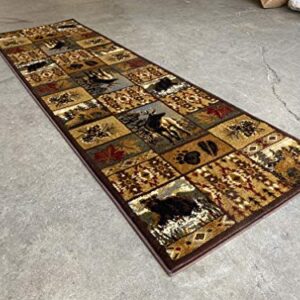 Cabin Style Distressed Antiquated Runner Area Rug Black Bear Elk Deer Wildlife Animal Country Hunting Southwest Wilderness Design 760 (2 Feet X 7 Feet)