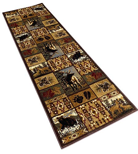 Cabin Style Distressed Antiquated Runner Area Rug Black Bear Elk Deer Wildlife Animal Country Hunting Southwest Wilderness Design 760 (2 Feet X 7 Feet)