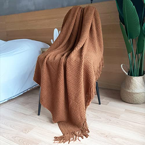 LOMAO Knitted Throw Blanket with Tassels Bubble Textured Lightweight Throws for Couch Cover Home Decor (Caramel, 50x60)