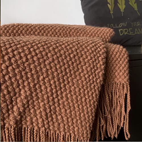 LOMAO Knitted Throw Blanket with Tassels Bubble Textured Lightweight Throws for Couch Cover Home Decor (Caramel, 50x60)