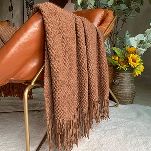 LOMAO Knitted Throw Blanket with Tassels Bubble Textured Lightweight Throws for Couch Cover Home Decor (Caramel, 50x60)