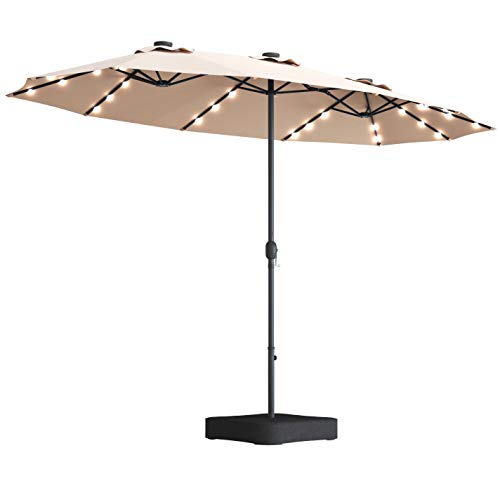 TANGKULA 15 Ft Solar LED Patio Double-Sided Umbrella with Base, Outdoor Twin Umbrella, Extra Large Umbrella w/ 36 Solar Powered LED Lights & Crank System for Garden, Deck, Poolside, Patio (Beige)