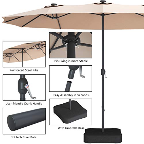 TANGKULA 15 Ft Solar LED Patio Double-Sided Umbrella with Base, Outdoor Twin Umbrella, Extra Large Umbrella w/ 36 Solar Powered LED Lights & Crank System for Garden, Deck, Poolside, Patio (Beige)