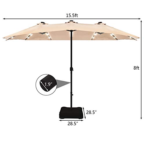 TANGKULA 15 Ft Solar LED Patio Double-Sided Umbrella with Base, Outdoor Twin Umbrella, Extra Large Umbrella w/ 36 Solar Powered LED Lights & Crank System for Garden, Deck, Poolside, Patio (Beige)