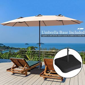 TANGKULA 15 Ft Solar LED Patio Double-Sided Umbrella with Base, Outdoor Twin Umbrella, Extra Large Umbrella w/ 36 Solar Powered LED Lights & Crank System for Garden, Deck, Poolside, Patio (Beige)