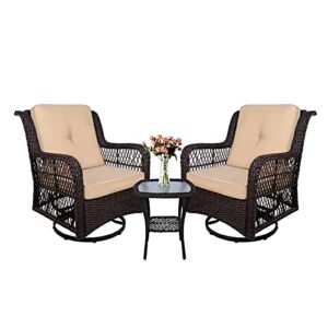 w warmhol 3-piece patio rocking chairs wicker bistro set cushioned, outdoor glider swivel chair rattan furniture sets with thickened cushion and glass-top coffee table (beige cushion)