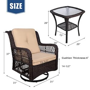 W WARMHOL 3-Piece Patio Rocking Chairs Wicker Bistro Set Cushioned, Outdoor Glider Swivel Chair Rattan Furniture Sets with Thickened Cushion and Glass-Top Coffee Table (Beige Cushion)