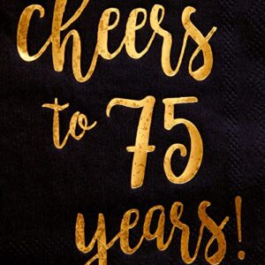 50-Pack Cheers to 75 Years Napkins for 75th Birthday Decorations and Party Supplies for Men and Women, 3-Ply Black Cocktail Napkins with Gold Cursive Font (5x5 In)