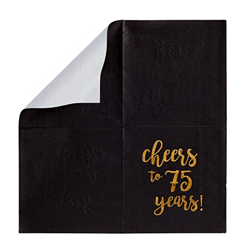 50-Pack Cheers to 75 Years Napkins for 75th Birthday Decorations and Party Supplies for Men and Women, 3-Ply Black Cocktail Napkins with Gold Cursive Font (5x5 In)