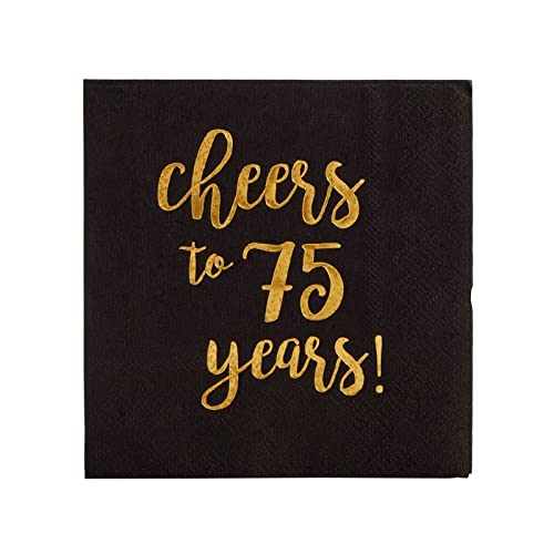 50-Pack Cheers to 75 Years Napkins for 75th Birthday Decorations and Party Supplies for Men and Women, 3-Ply Black Cocktail Napkins with Gold Cursive Font (5x5 In)