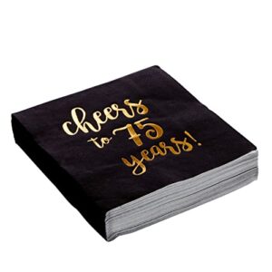 50-Pack Cheers to 75 Years Napkins for 75th Birthday Decorations and Party Supplies for Men and Women, 3-Ply Black Cocktail Napkins with Gold Cursive Font (5x5 In)