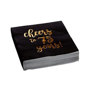 50-Pack Cheers to 75 Years Napkins for 75th Birthday Decorations and Party Supplies for Men and Women, 3-Ply Black Cocktail Napkins with Gold Cursive Font (5x5 In)