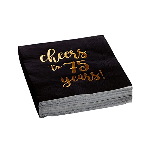 50-Pack Cheers to 75 Years Napkins for 75th Birthday Decorations and Party Supplies for Men and Women, 3-Ply Black Cocktail Napkins with Gold Cursive Font (5x5 In)