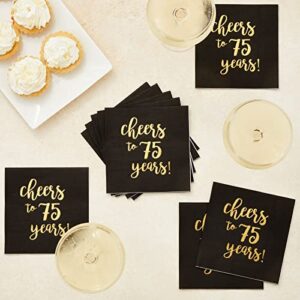 50-Pack Cheers to 75 Years Napkins for 75th Birthday Decorations and Party Supplies for Men and Women, 3-Ply Black Cocktail Napkins with Gold Cursive Font (5x5 In)