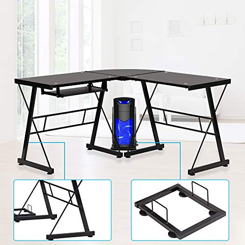 L Shaped Computer Desk Office Corner Desk,Modern Gaming Desk Home Office Desk Tempered Glass Workstation Desk，with Keyboard Tray and CPU Stand 3-Piece PC Laptop Study Writing Workstation Table- Black