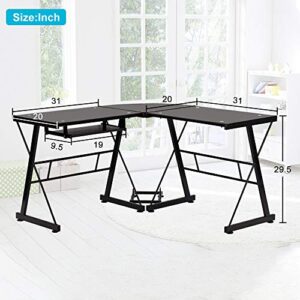 L Shaped Computer Desk Office Corner Desk,Modern Gaming Desk Home Office Desk Tempered Glass Workstation Desk，with Keyboard Tray and CPU Stand 3-Piece PC Laptop Study Writing Workstation Table- Black