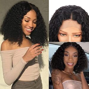 ISEE Short Bob Wigs 4x4 Lace Closure Human Hair Wigs Brazilian Curly Lace Front Wigs Pre Plucked Natural Black Color Curly Bob Wig Lace Front Wigs Middle Part Short Bob Wigs 12 Inches