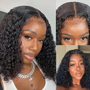 ISEE Short Bob Wigs 4x4 Lace Closure Human Hair Wigs Brazilian Curly Lace Front Wigs Pre Plucked Natural Black Color Curly Bob Wig Lace Front Wigs Middle Part Short Bob Wigs 12 Inches