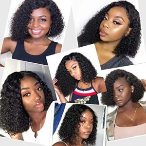 ISEE Short Bob Wigs 4x4 Lace Closure Human Hair Wigs Brazilian Curly Lace Front Wigs Pre Plucked Natural Black Color Curly Bob Wig Lace Front Wigs Middle Part Short Bob Wigs 12 Inches