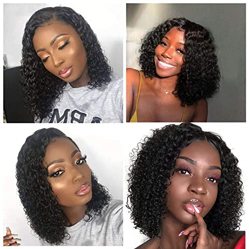 ISEE Short Bob Wigs 4x4 Lace Closure Human Hair Wigs Brazilian Curly Lace Front Wigs Pre Plucked Natural Black Color Curly Bob Wig Lace Front Wigs Middle Part Short Bob Wigs 12 Inches