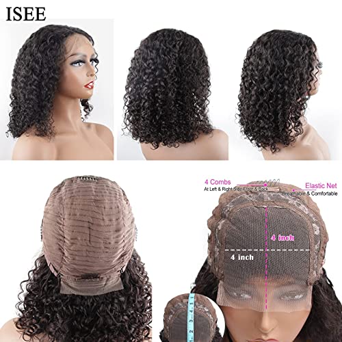 ISEE Short Bob Wigs 4x4 Lace Closure Human Hair Wigs Brazilian Curly Lace Front Wigs Pre Plucked Natural Black Color Curly Bob Wig Lace Front Wigs Middle Part Short Bob Wigs 12 Inches