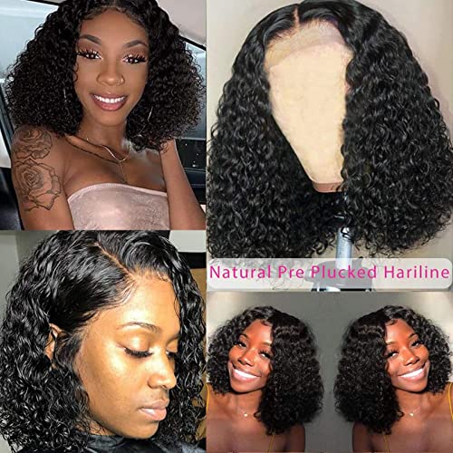 ISEE Short Bob Wigs 4x4 Lace Closure Human Hair Wigs Brazilian Curly Lace Front Wigs Pre Plucked Natural Black Color Curly Bob Wig Lace Front Wigs Middle Part Short Bob Wigs 12 Inches