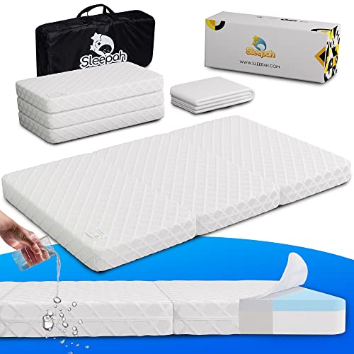 Sleepah Pack and Play Mattress Tri-Fold Double Sided Pad (Firm for Babies) & Soft Memory Foam (for Toddlers) Play Yard Mattress Pad Fits Most Pack N Play Playpens Cribs Foldable with Cary Bag