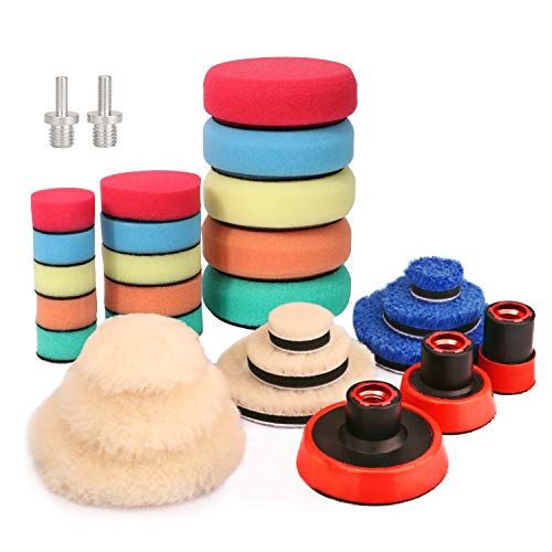 CASOMAN Buffing and Polishing Pad Kit with Mix Size (1", 2", 3") Kit with 5/8"-11 Thread Backing pad & Adapters 29 Piece Set for Car Sanding, Polishing, Waxing, Sealing Glaze