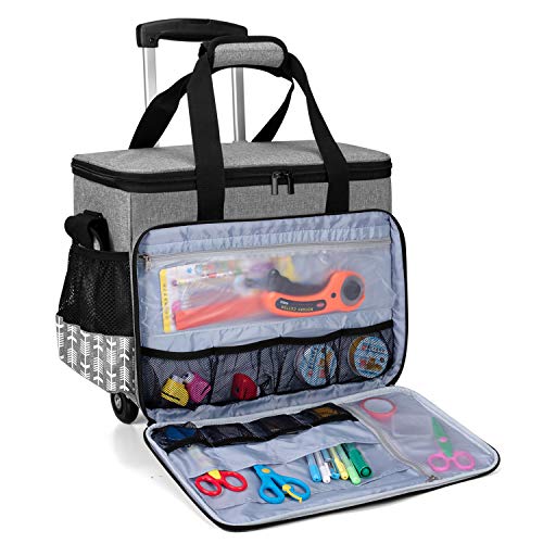 Yarwo Scrapbook Bag on Wheels, Rolling Scrapbook Storage Tote with Detachable Trolley, Gray with Arrow