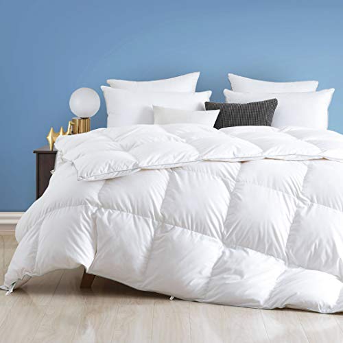 Dafinner Luxurious Queen Feathers Down Comforter - All Season Duvet Insert for Hotel Collection Bedding | Ultra-Soft Egyptian Cotton Fabric, Goose Feathers & Down Blend Filling(90x90, White)