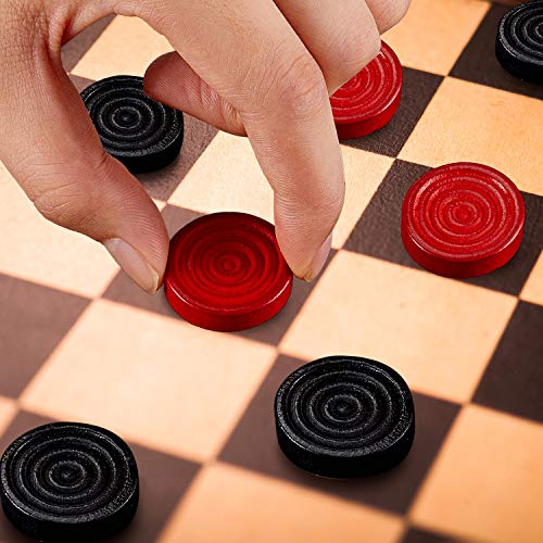 48 Pieces Wooden Checkers Pieces Only 1.06 Inch Wood Checker Board Game Pieces with Stackable Ridge and Drawstring Cloth Pouch, Red and Black Color