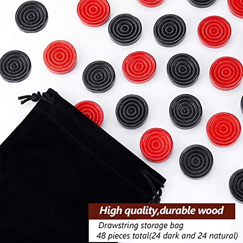 48 Pieces Wooden Checkers Pieces Only 1.06 Inch Wood Checker Board Game Pieces with Stackable Ridge and Drawstring Cloth Pouch, Red and Black Color