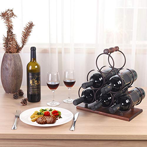 YCOCO Wine Holder,3 Tier 6 Bottles Countertop Wine Rack,Tabletop Wood Freestanding Wine Storage for Kitchen Home Bar Storage and Kitchen Decor,Brown