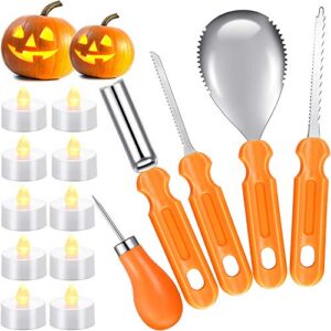 15 pieces halloween pumpkin carving tool kit, 5 pieces pumpkin cutting supplies tools with 10 pieces pumpkin led candles for halloween decorations