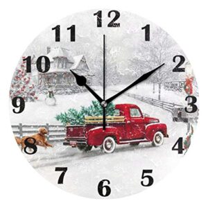 pfrewn winter red truck dog wall clock silent non ticking snowman snowflake clocks battery operated vintage desk clock 10 inch quartz analog quiet bedroom living room home decor