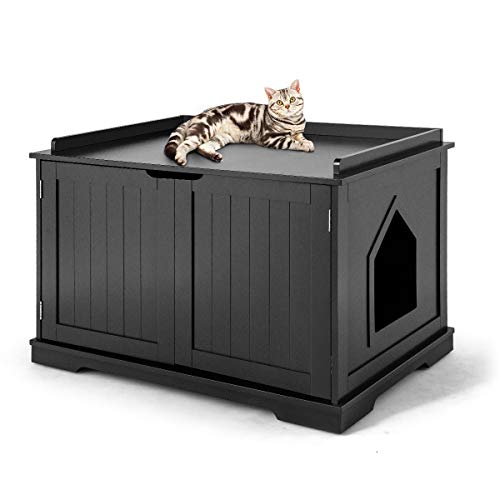 Tangkula Litter Box Enclosure, Cat Litter Box Furniture Hidden, Nightstand Pet House with Double Doors, Indoor Decorative Cat Box Cabinet, Cat Washroom Storage Bench for Large Cat Kitty