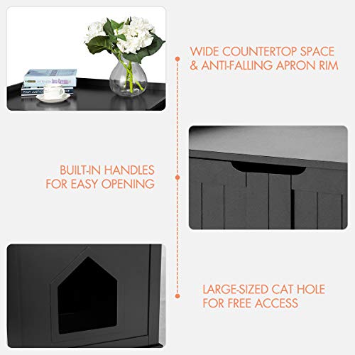 Tangkula Litter Box Enclosure, Cat Litter Box Furniture Hidden, Nightstand Pet House with Double Doors, Indoor Decorative Cat Box Cabinet, Cat Washroom Storage Bench for Large Cat Kitty