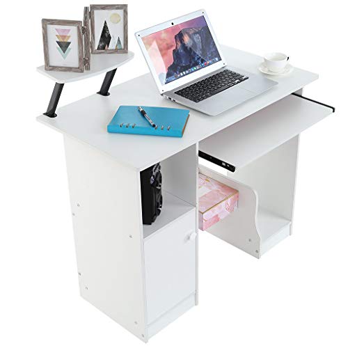 NDGDGA Computer Desk, Desktop Home Modern Simple Style Desk, Creative Desk Writing Desk, Laptop Study Table Office Workstation with Storage Shelves Pullout Keyboard Tray (White-A, 35.4×18.9×28.3in)