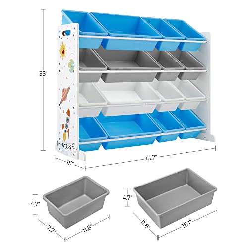 SONGMICS Kid's Large Toy Storage Unit with 16 Removable Bins, for Playroom, Children’s Room, 41.7", Space Theme