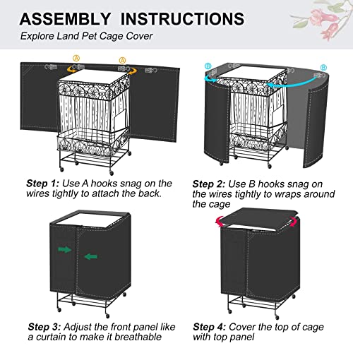 Explore Land Pet Cage Cover with Removable Top Panel - Good Night Cover for Bird Critter Cat Cage to Small Animal Privacy & Comfort (Large, Black)