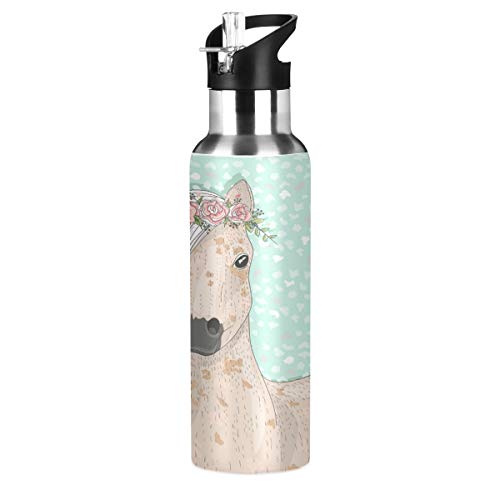 Flower Horse Water Bottle Stainless Steel Vacuum Insulated Water Bottle Standard Mouth Bottle with Wide Handle