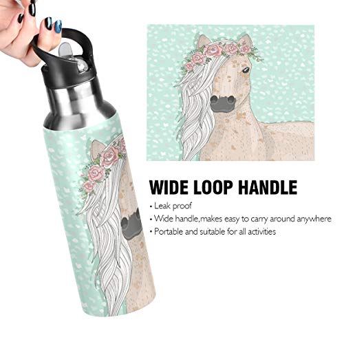 Flower Horse Water Bottle Stainless Steel Vacuum Insulated Water Bottle Standard Mouth Bottle with Wide Handle